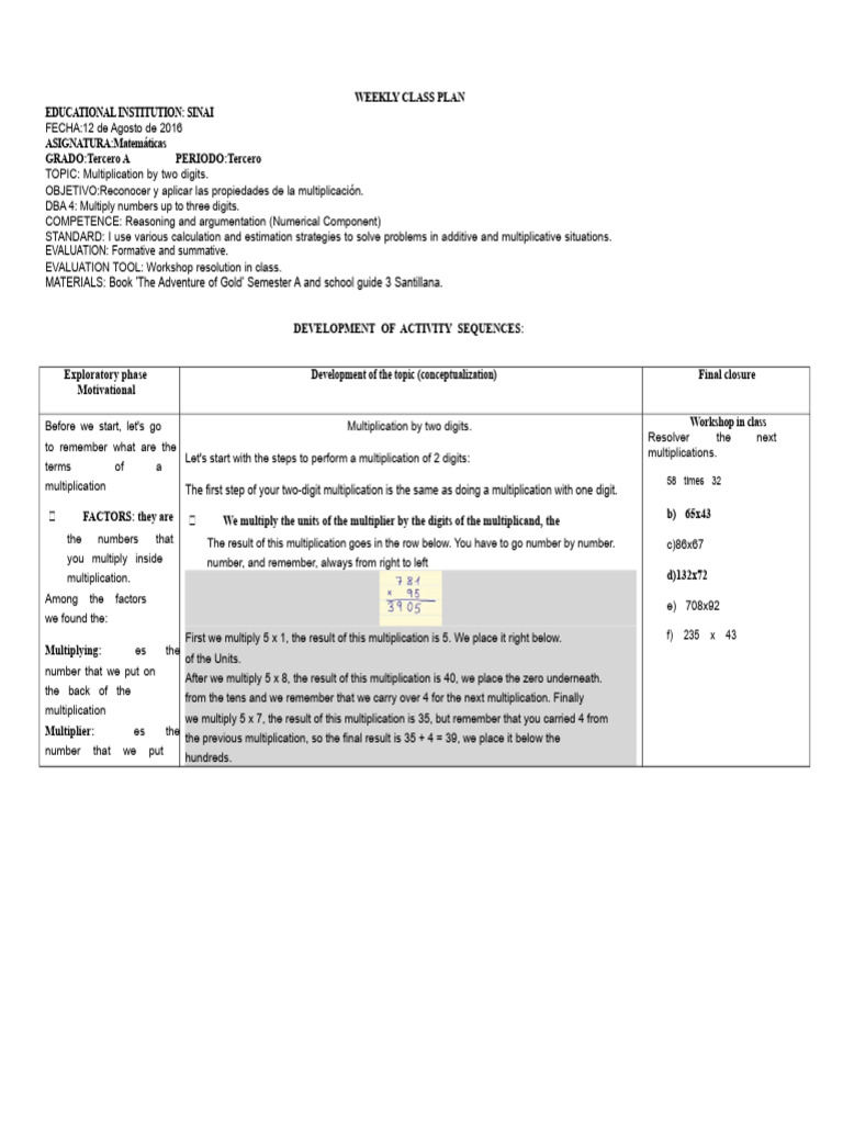 Lesson plan September 12 Mathematics - copy.doc | PDF | Multiplication | Mathematics