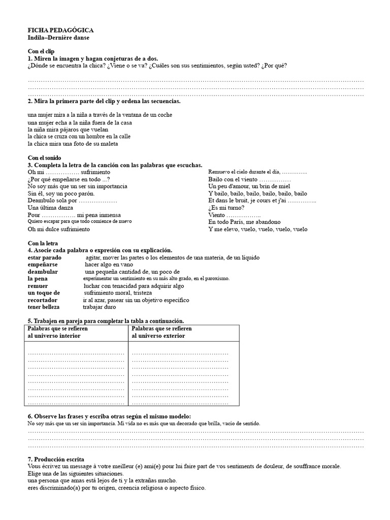 Ficha Pedagógica Indila-Dernière Danse | PDF