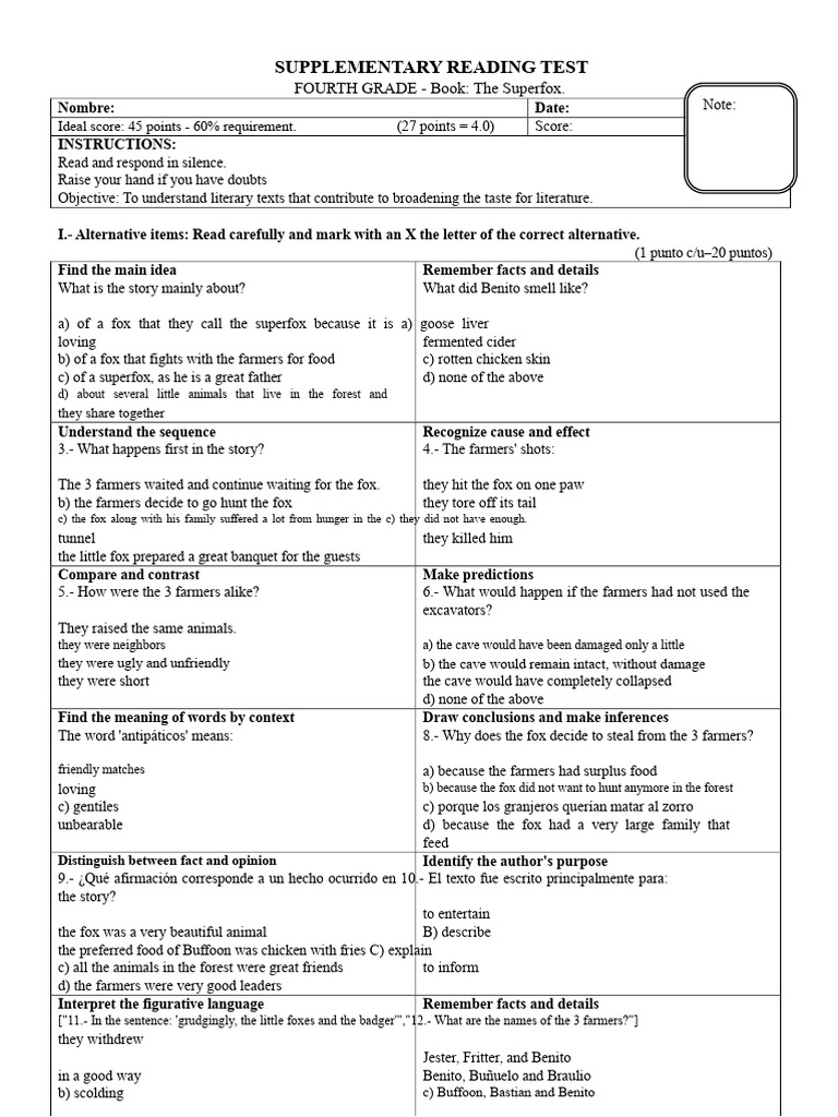 Supplementary Reading Test The Superfox | PDF