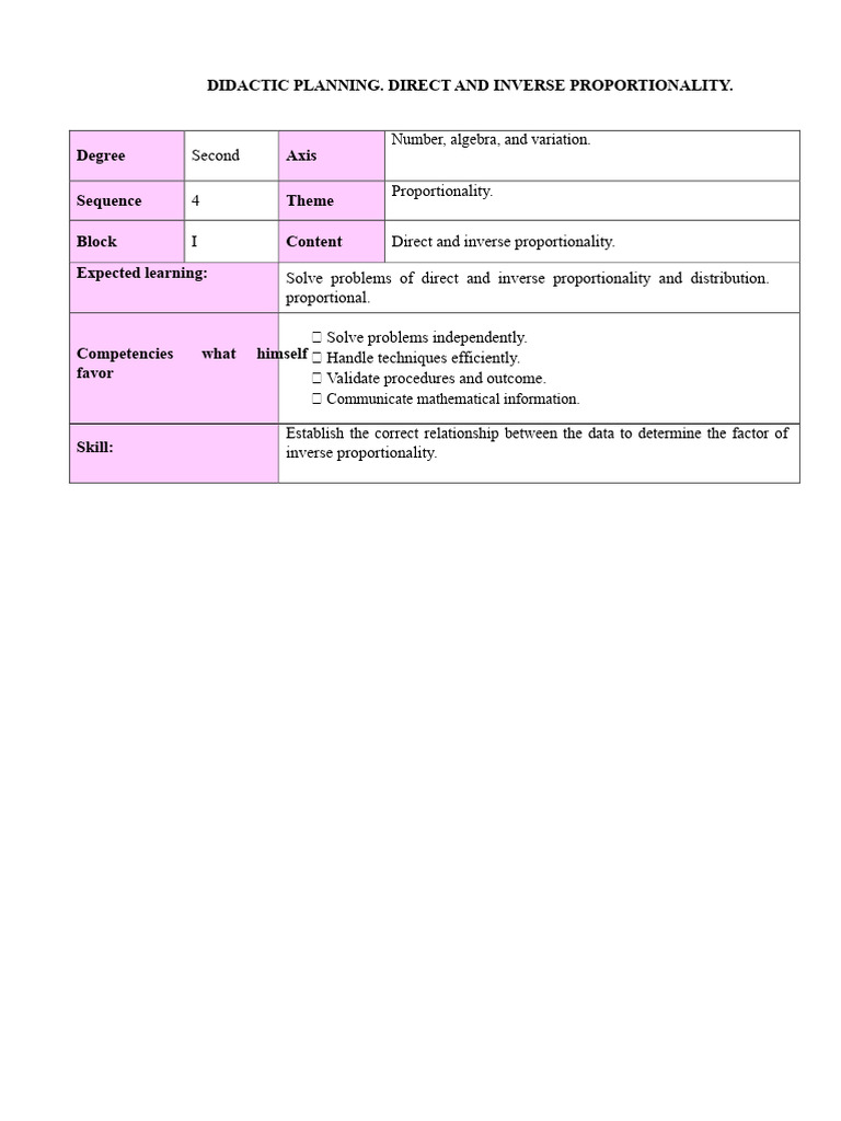 Planning Direct and Inverse Proportionality 2nd Secondary | PDF | Teachers