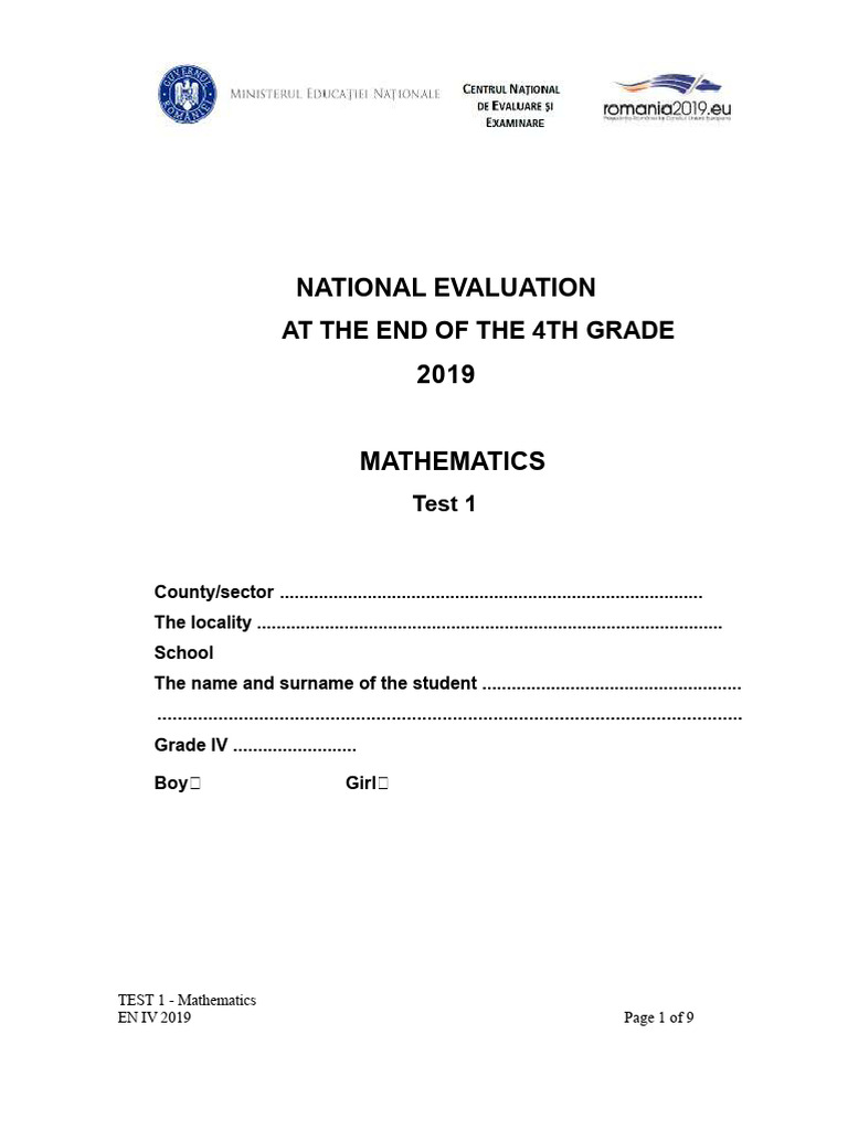 National Evaluation 4th Grade 2019 Mathematics Test 1 | PDF | Pencil ...