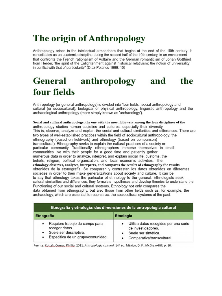 Origins and Fields of Anthropology | PDF | Anthropology | Social ...