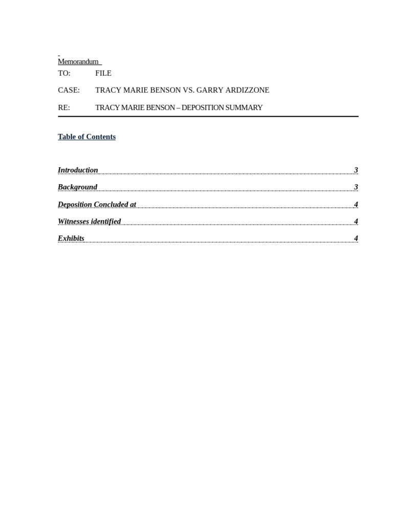 Tracy Benson Deposition Summary Document | PDF | Deposition (Law) | Pain