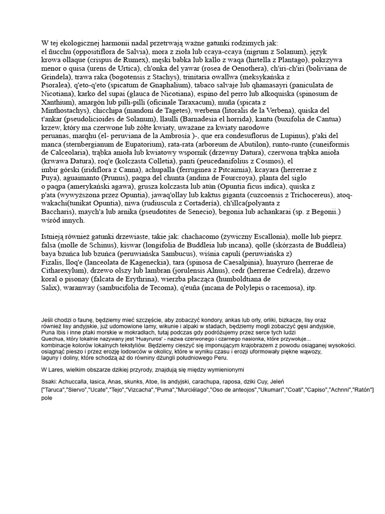 Flora I Fauna Regionu Cusco | PDF