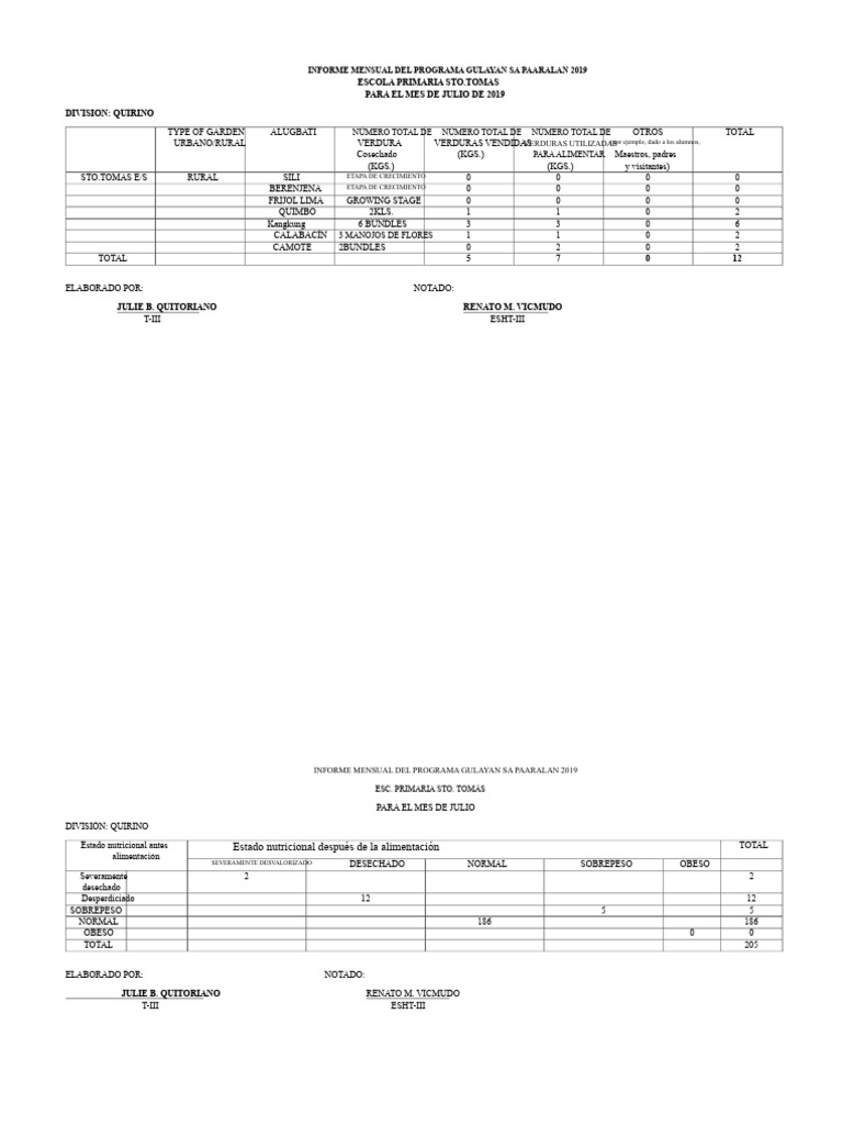 Informe Mensual Gulayan Sto. Tomás 2019 | PDF | Fruta vegetales ...