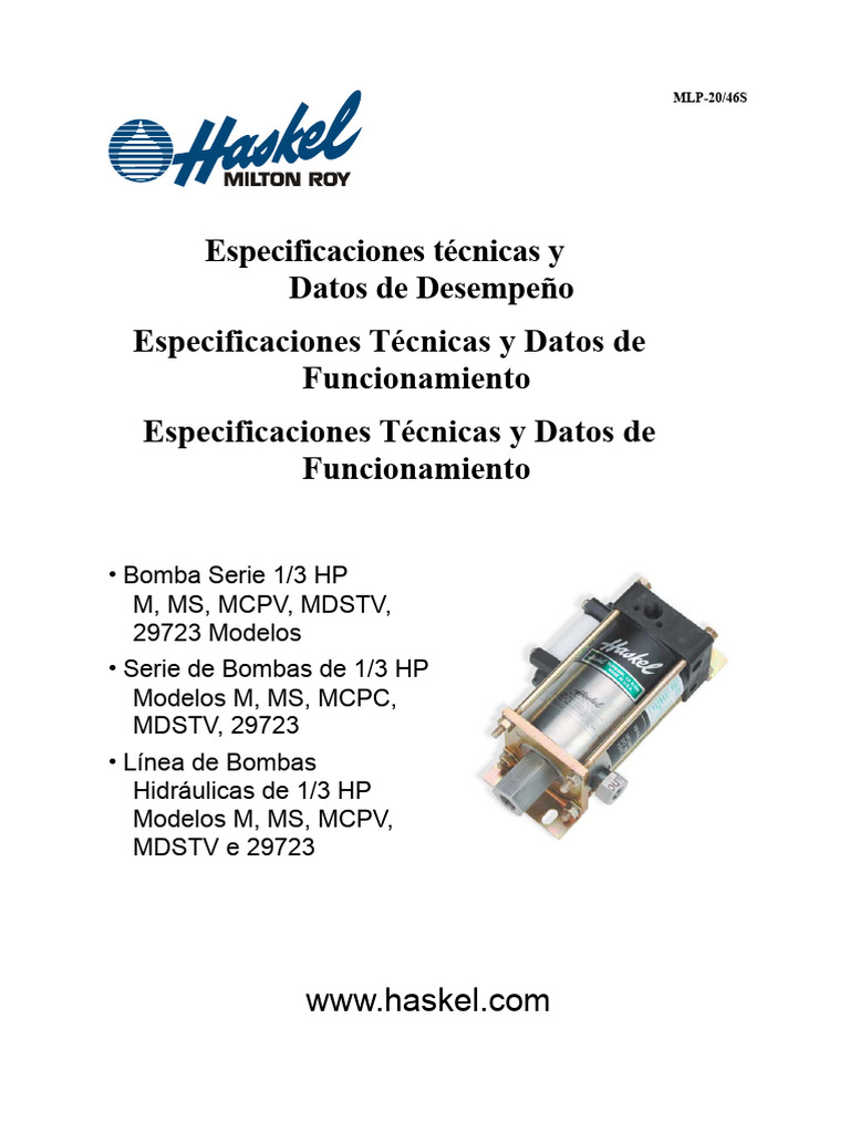 Especificaciones Bomba Haskel 1/3 HP | PDF | Bomba | Filtración
