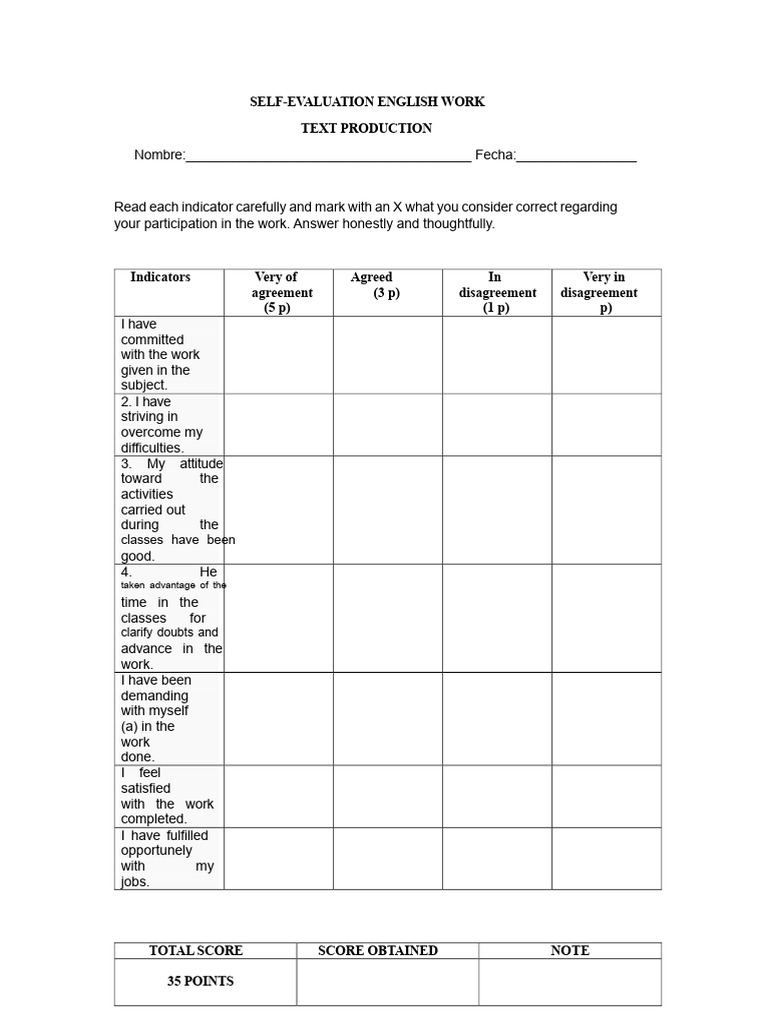 Self-Assessment English Work | PDF
