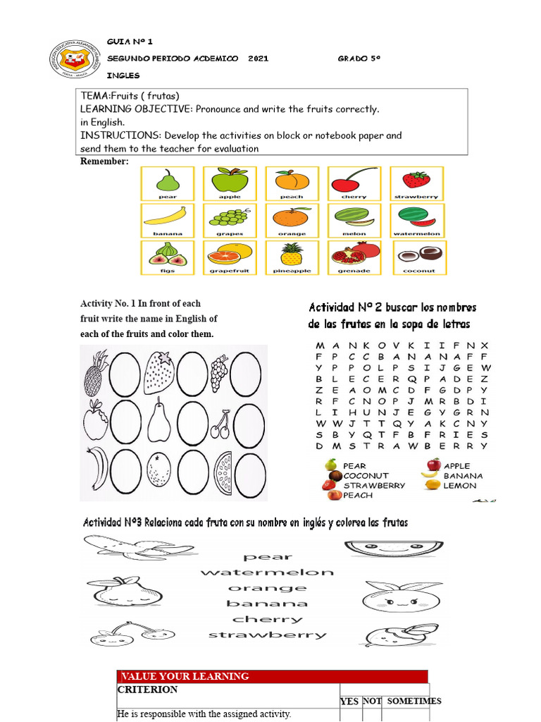 ENGLISH 5TH GRADE FRUITS | PDF