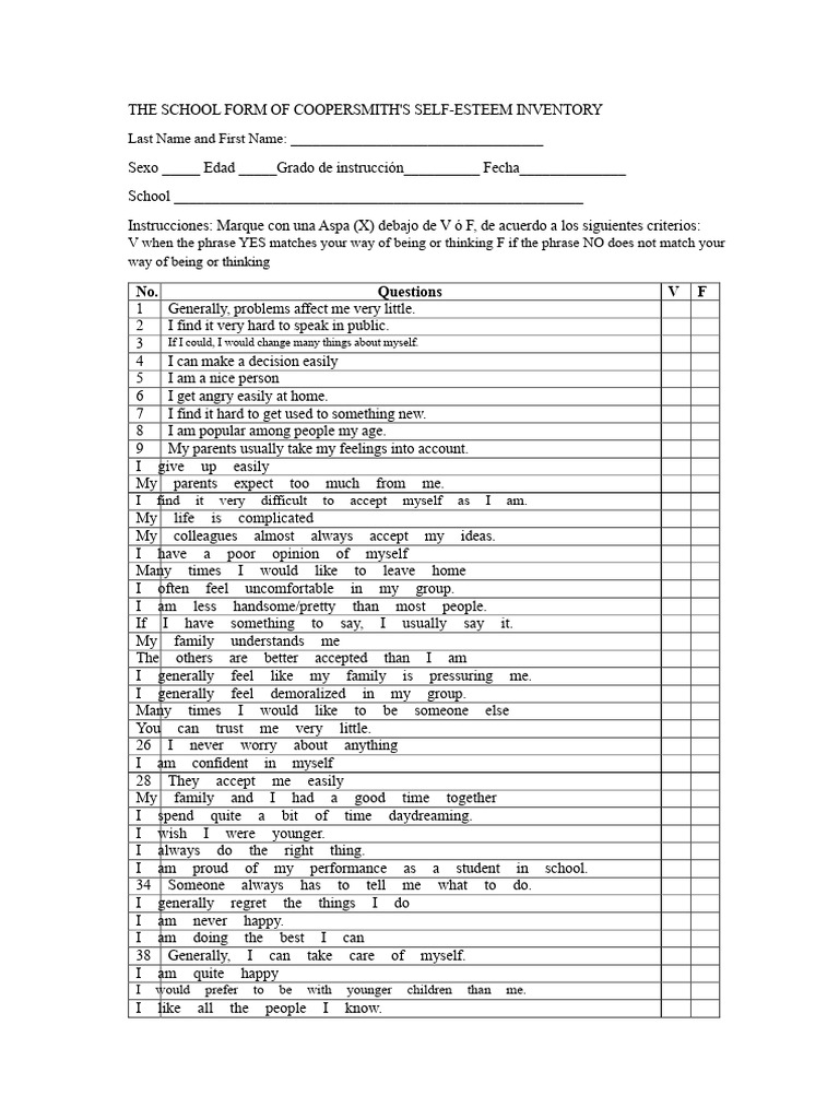 Coopersmith Self-Esteem Inventory Form | PDF | Self Esteem | Social ...