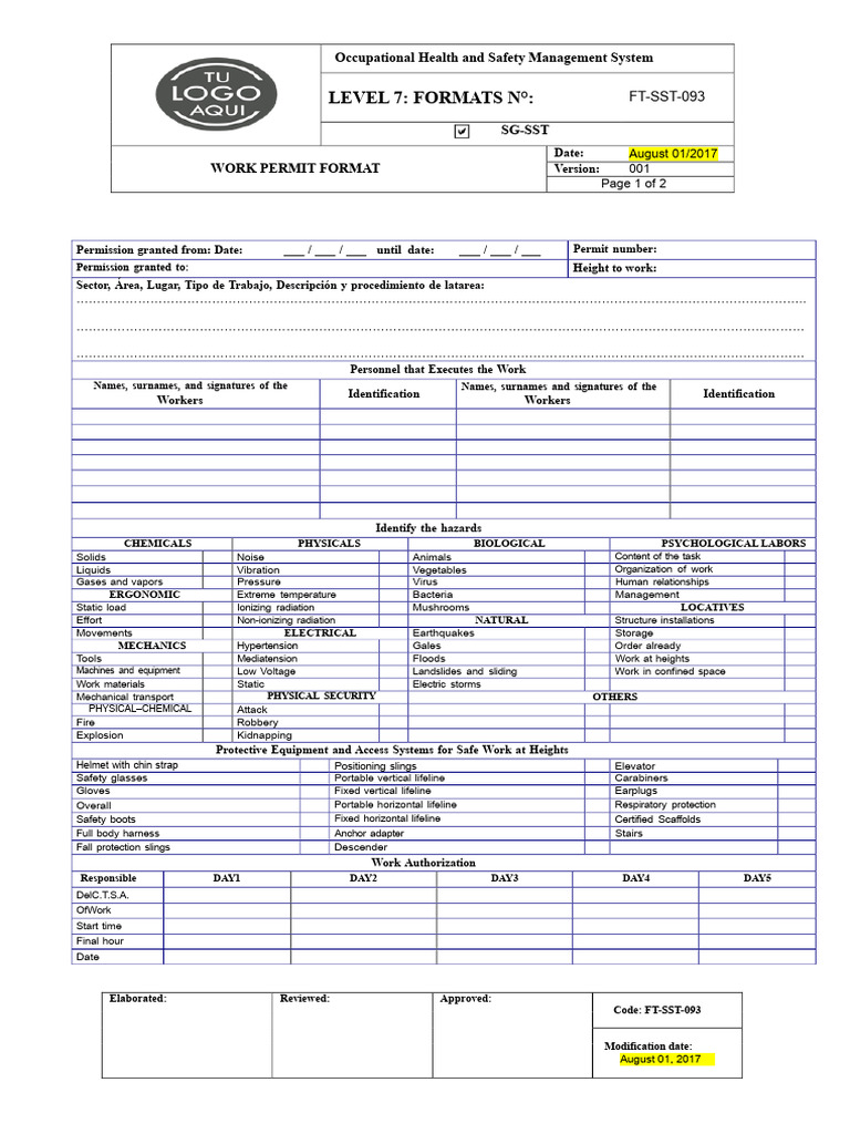 FT-SST-093 Work Permit Format.pdf | PDF | Personal Protective Equipment | Safety