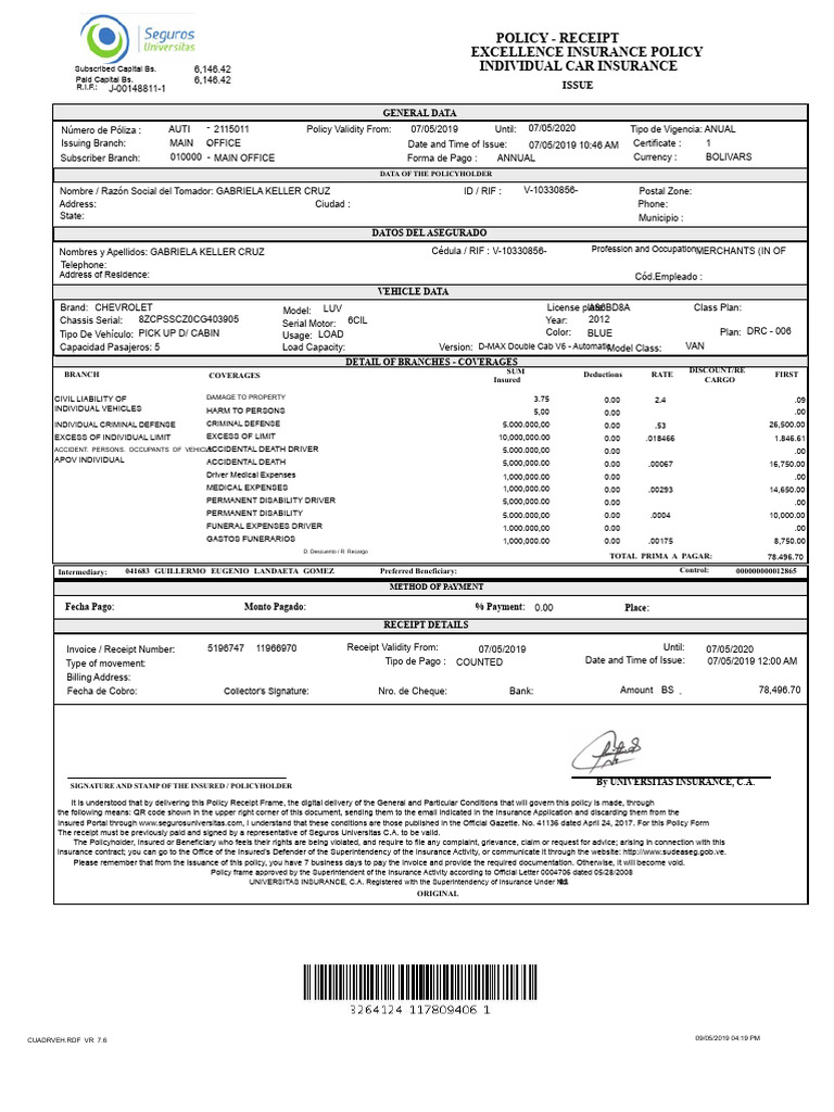 Gabriela Keller Cruz (RCV Policy) | PDF | Insurance | Receipt