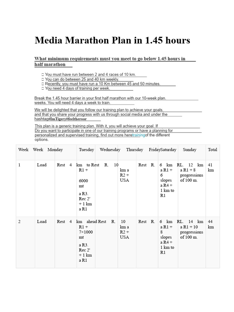 Half Marathon Plan in 1h45min (10 Weeks) | PDF | Physical Exercise ...