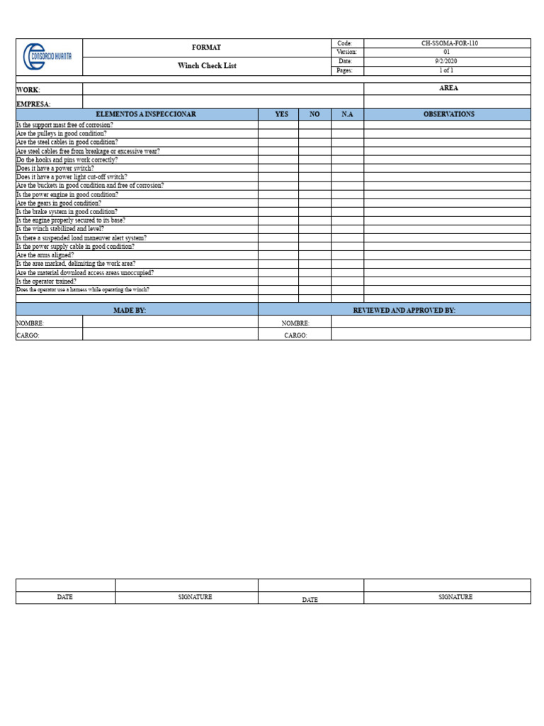 FORMAT 110 - Winch Check List | PDF