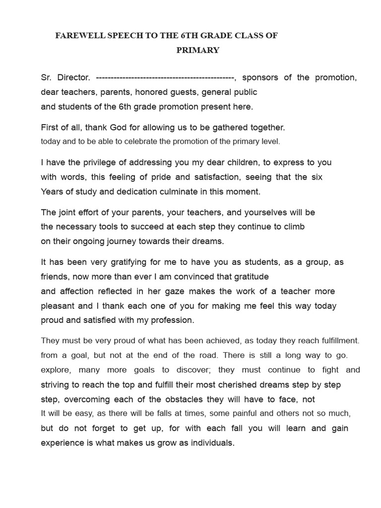 6th Grade Farewell Speech Highlights | PDF | Teachers | Psychology