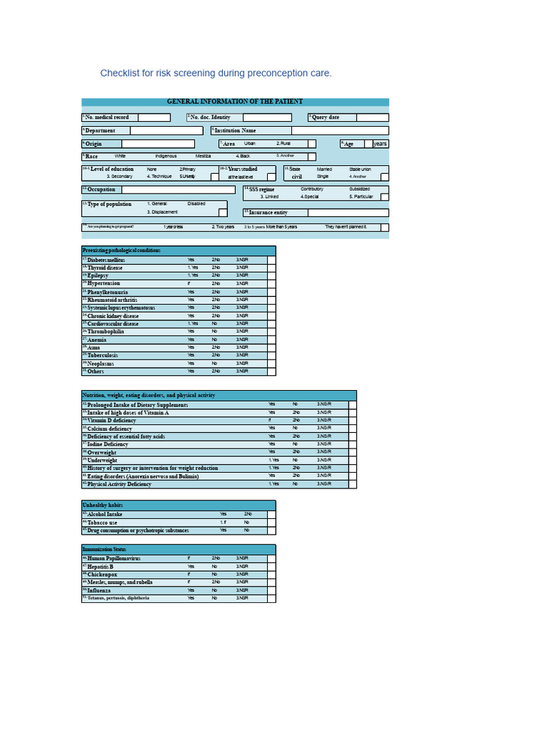 Preconception Care Risk Screening Checklist | PDF | Human Nutrition ...