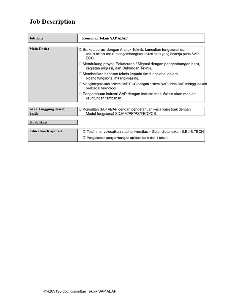 Konsultan Teknis SAP ABAP Berpengalaman | PDF