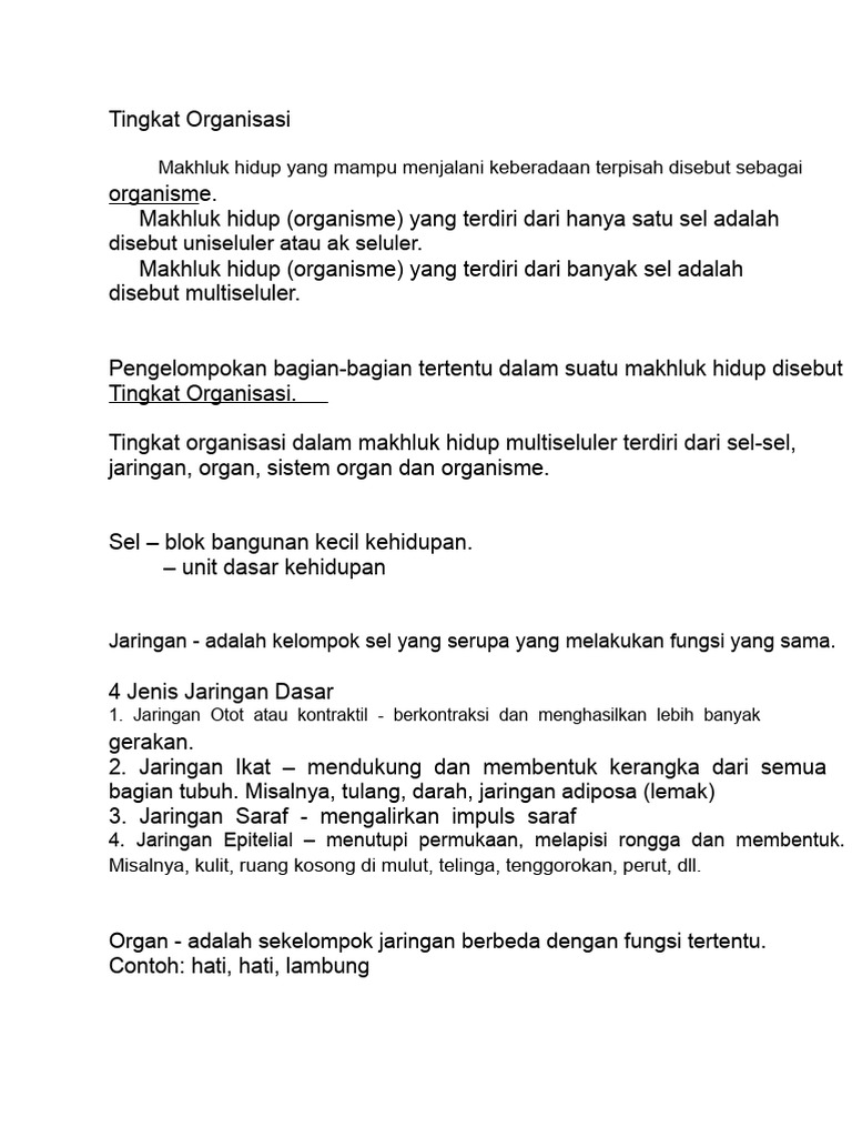 Tingkat Organisasi Makhluk Hidup Multiseluler | PDF
