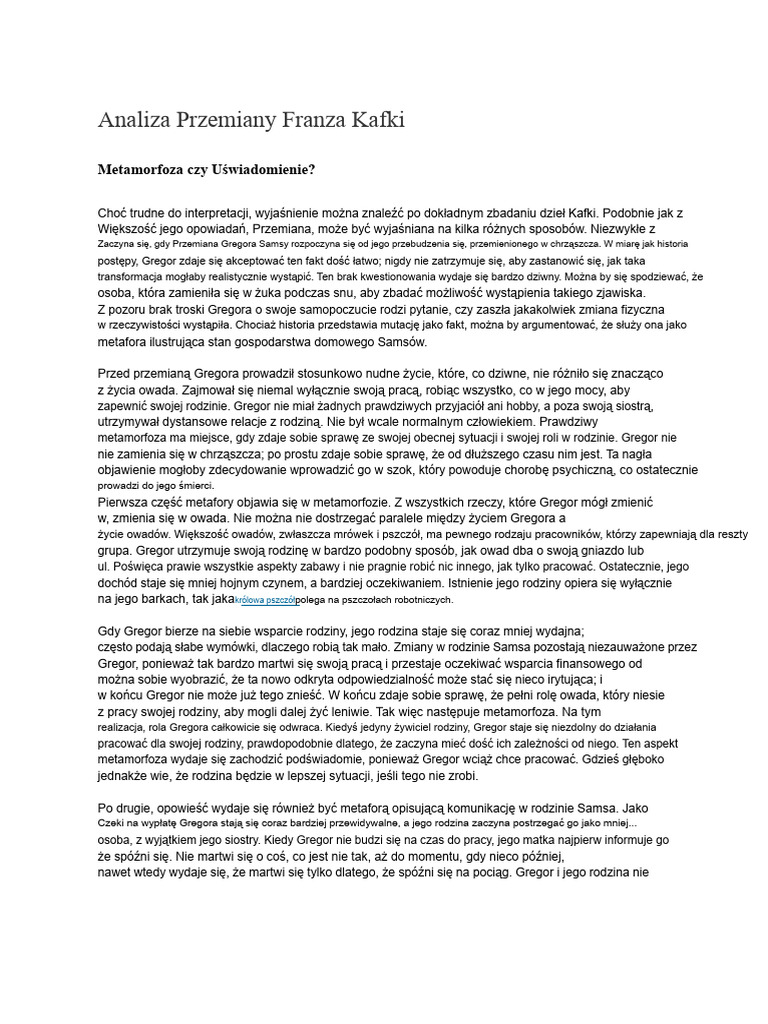 Analiza Metamorfozy Franza Kafki | PDF