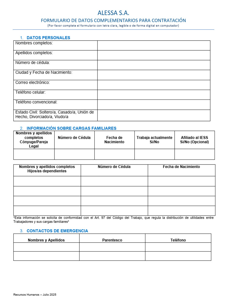 Formulario Datos Complementarios Contratacion JULIO 2025 | PDF