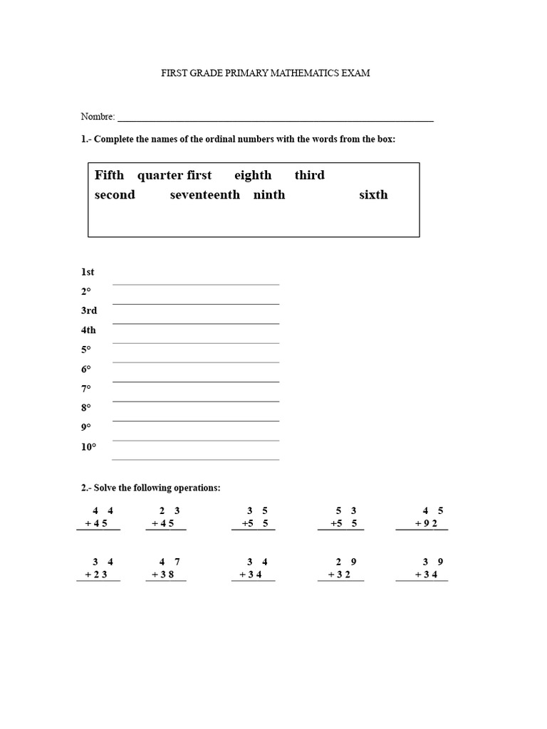 Second Bimester Exam First Grade Of Primary School Pdf Numbers