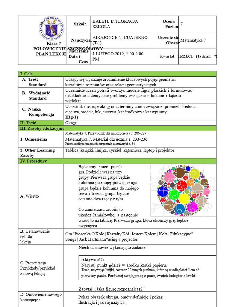 Plan lekcji matematyki na 3. kwartal | PDF