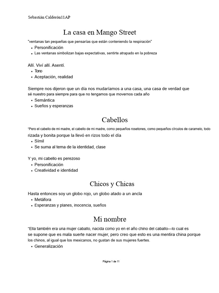 Análisis literario de "La casa en Mango Street" | PDF