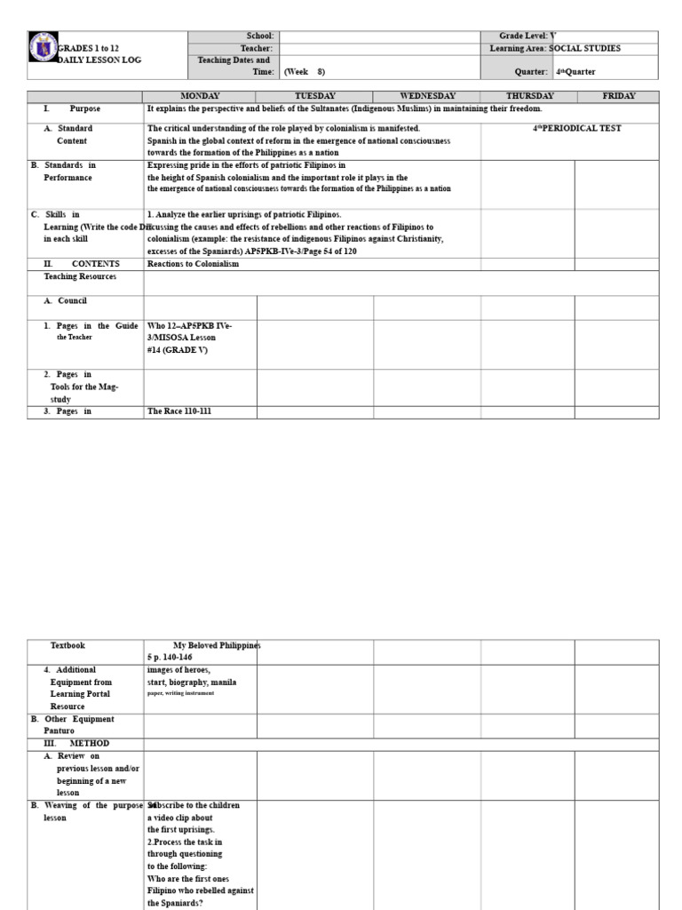 Grade 5 DLL Social Studies 5 Q4 Week 8 | PDF | Philippines | Learning