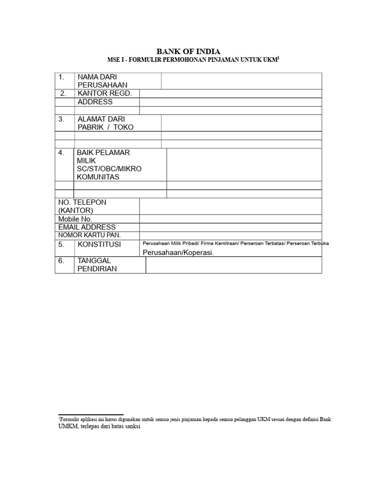Formulir Pinjaman UKM Bank India | PDF
