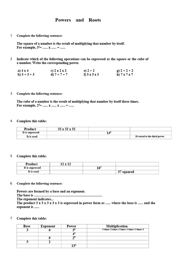 Powers and Roots 6th Grade PDF | PDF | Exponentiation | Multiplication