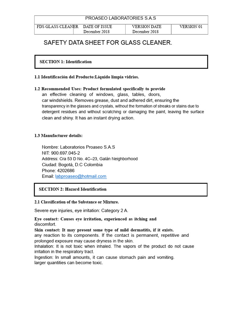 Window Cleaner Safety Data Sheet | PDF | Chemical Reactions | Waste