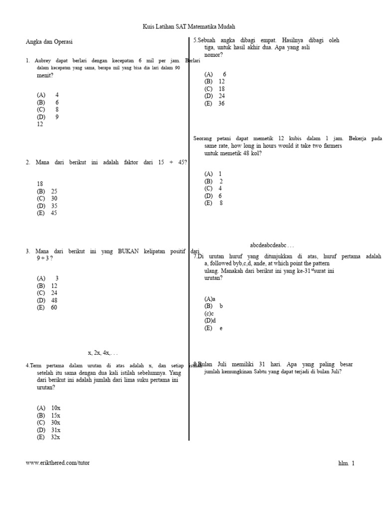 Kuis Latihan SAT Matematika Mudah | PDF