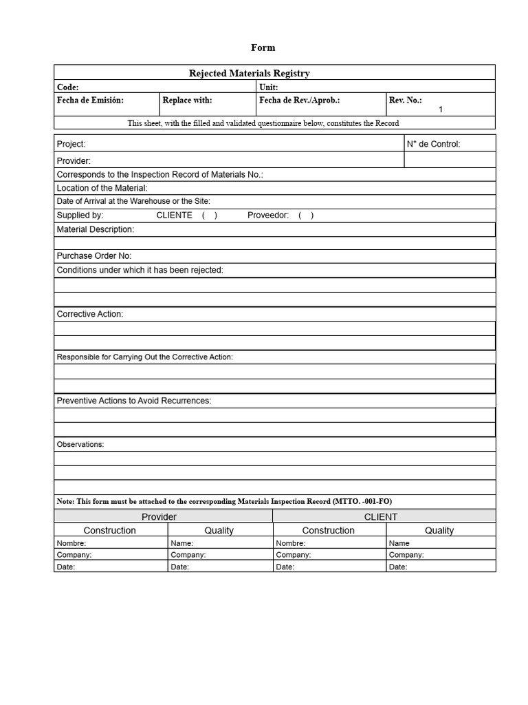 Rejected Materials Registry Form | PDF