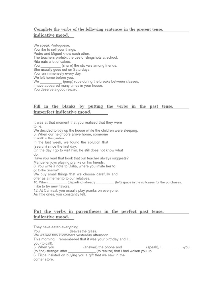Complete The Verbs of The Sentences That Follow in The Present Indicative Mood. | PDF ...