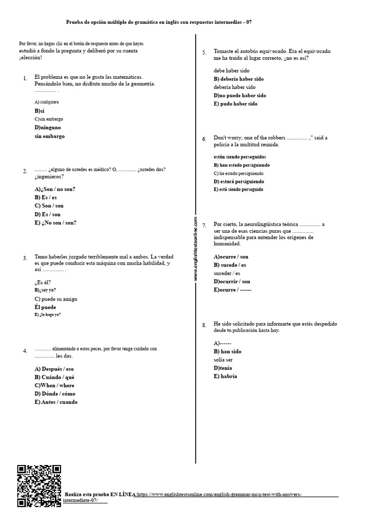 Prueba de Múltiple Elección de Gramática Inglés 07 | PDF