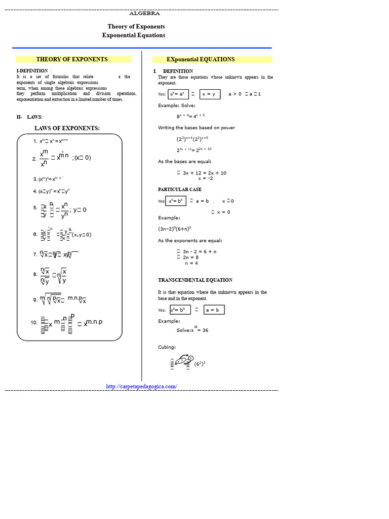 Theory of Exponents and Exponential Equations | PDF | Exponentiation | Equations
