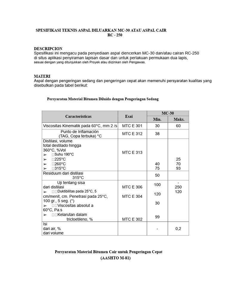 Spesifikasi Teknis Asphalt Dilusi MC 30 Atau Asphalt Cair RC 250 | PDF