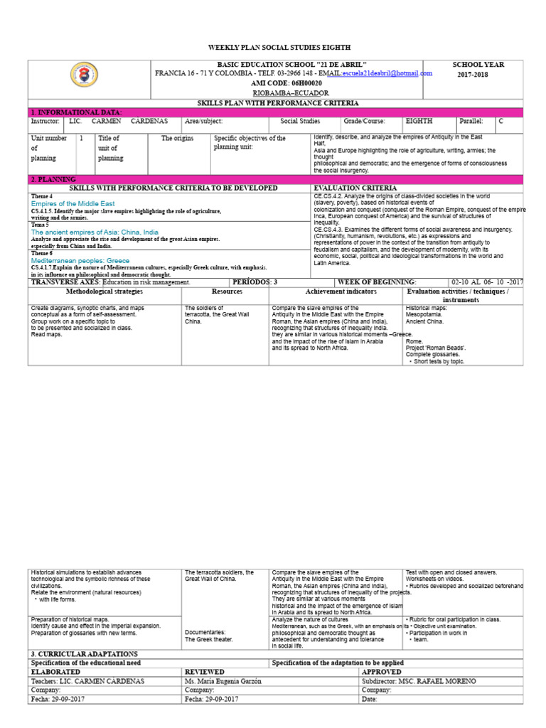 Weekly Plan for Social Studies Eighth Grade | PDF | Classical Antiquity ...