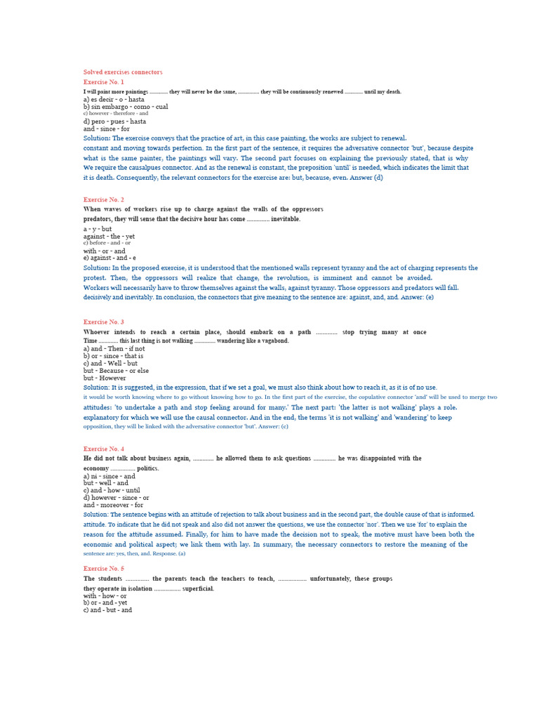 Solved Exercises Connectors | PDF | Reason | Causality
