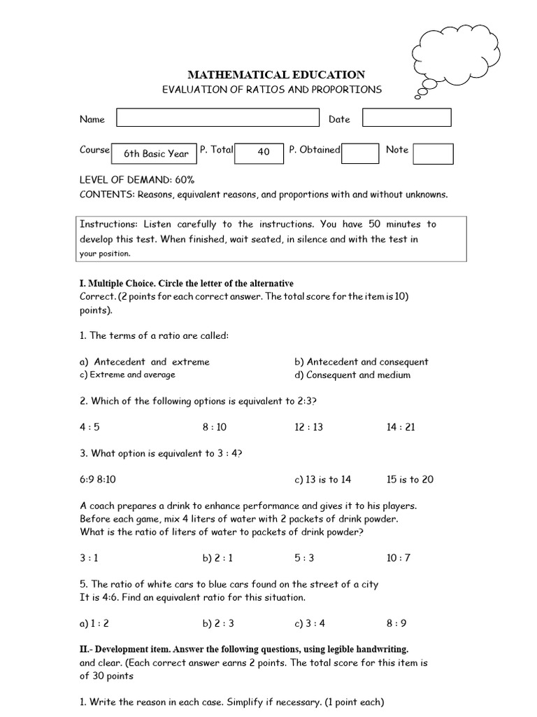 Ratios and Proportions Test Guide | PDF | Multiple Choice | Ratio