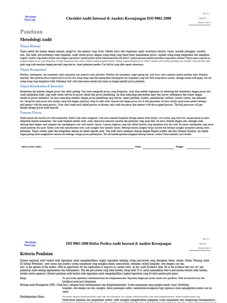 Daftar Periksa Audit Internal ISO 9001-2008 | PDF