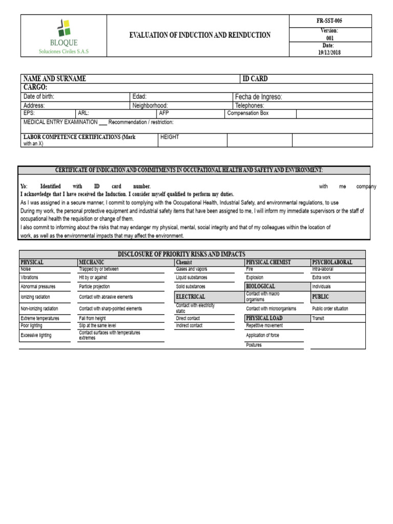 Induction and Reinduction Evaluation Form | PDF | Waste | Occupational ...