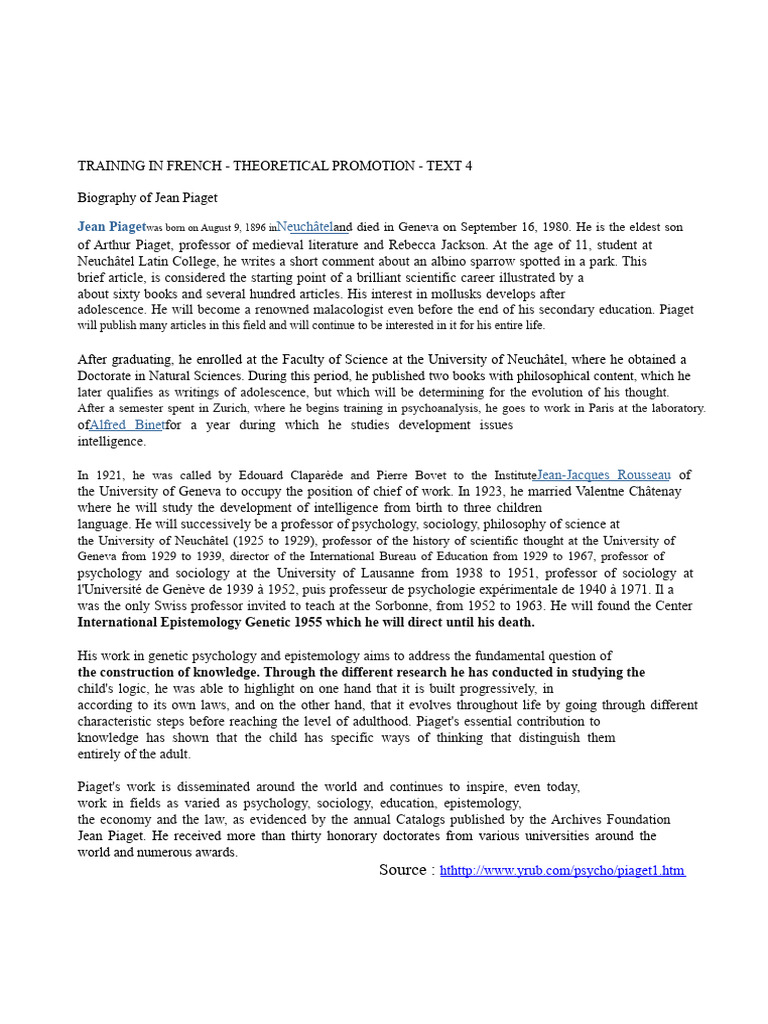 Text 4 - Biography of Jean Piaget | PDF | Liberal Arts Education | Science