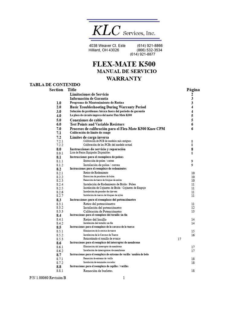 Manual de Servicio Flex-Mate K500 | PDF | Rodamiento (Mecánico) | Tornillo