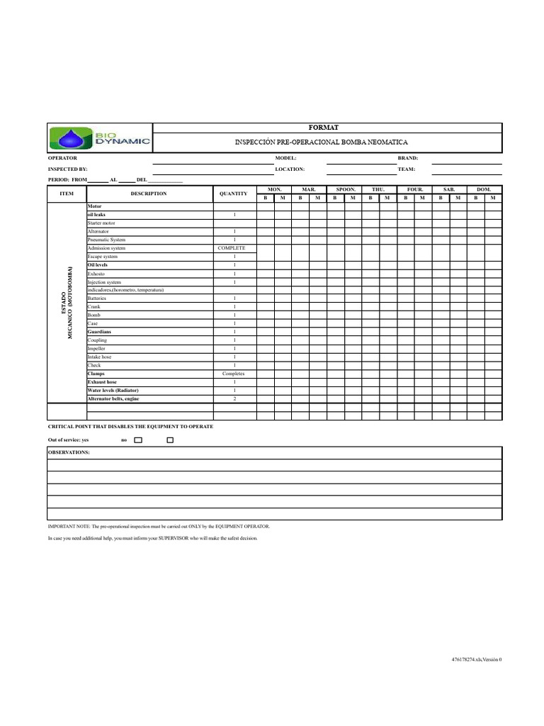 Pre-Operational Inspection Pump | PDF | Engines | Manufactured Goods