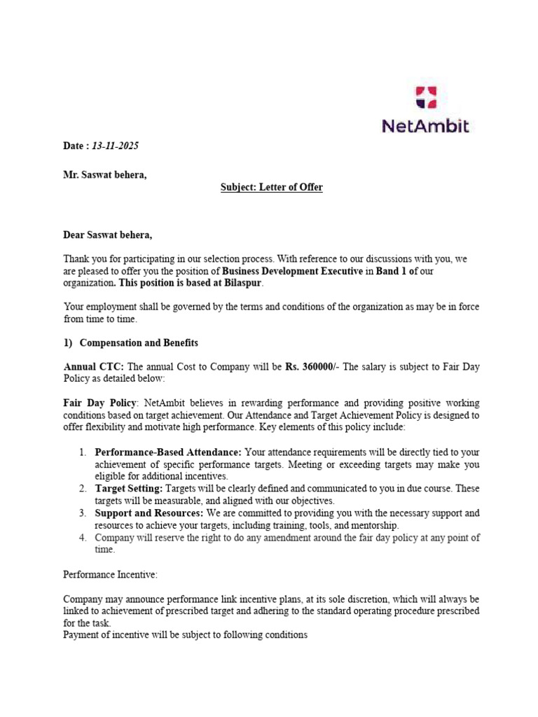 Business Development Executive Offer Letter | PDF | Identity Document ...