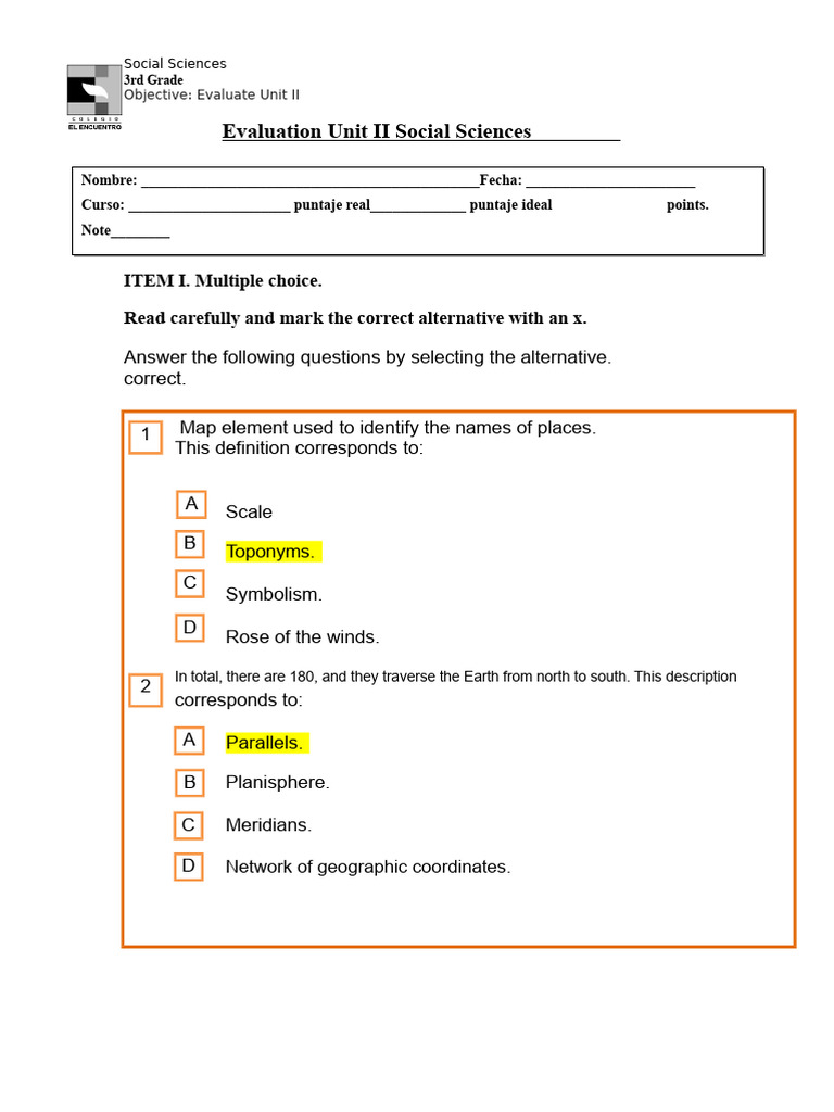 3rd Grade Social Sciences Evaluation | PDF | Map | Geographical Technology