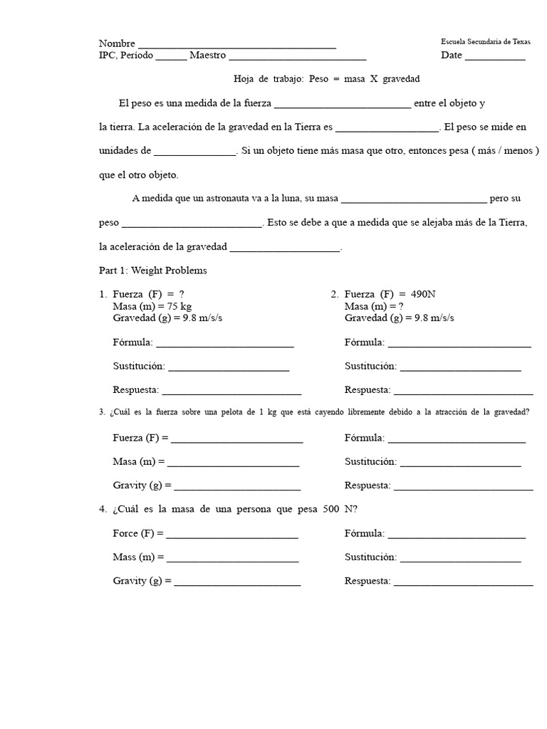 Hoja de Trabajo - Fuerza Masa X Gravedad | PDF | Masa | Gravedad