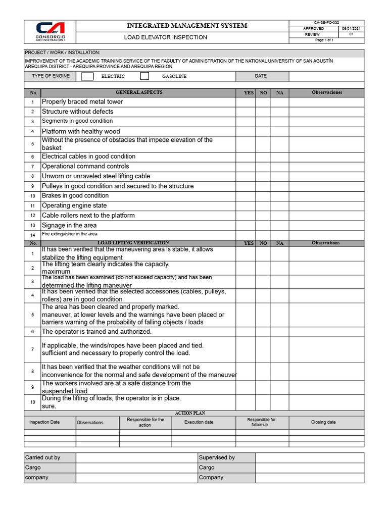 Ca-Se-Fo-032 - Inspection of Freight Elevators | PDF | Elevator