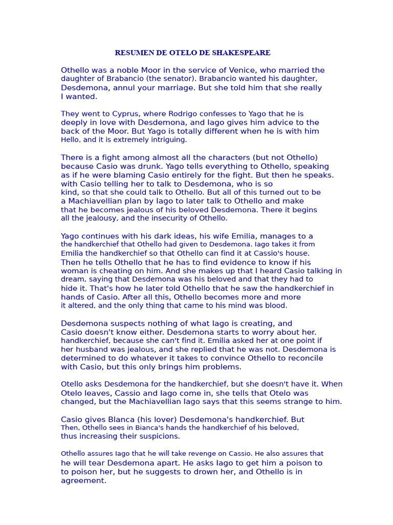 SUMMARY OF OTHELLO BY SHAKESPEARE.doc | PDF | Othello | Iago
