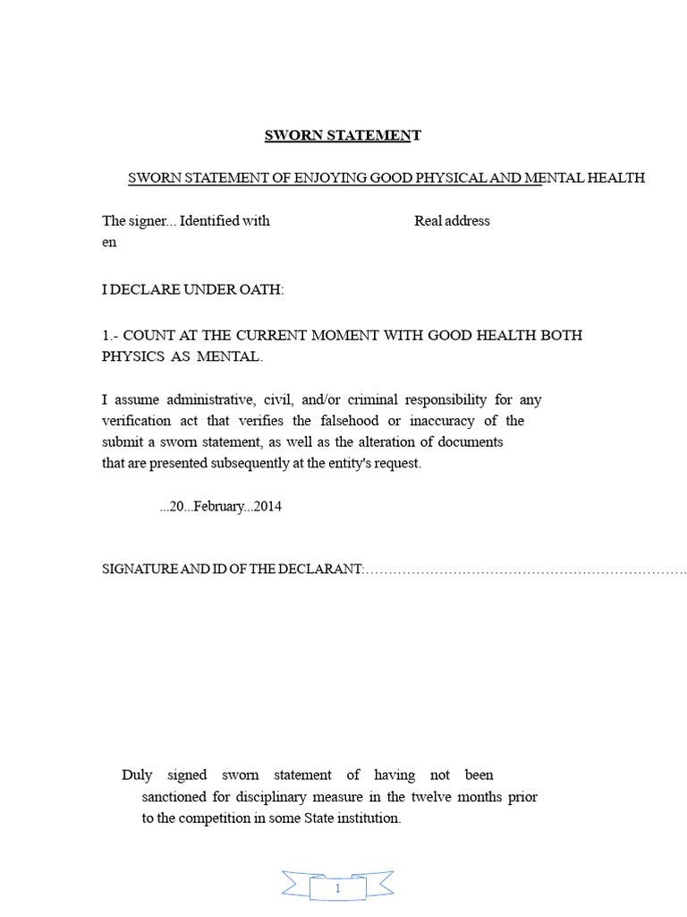 Sworn Statement of Good Health | PDF